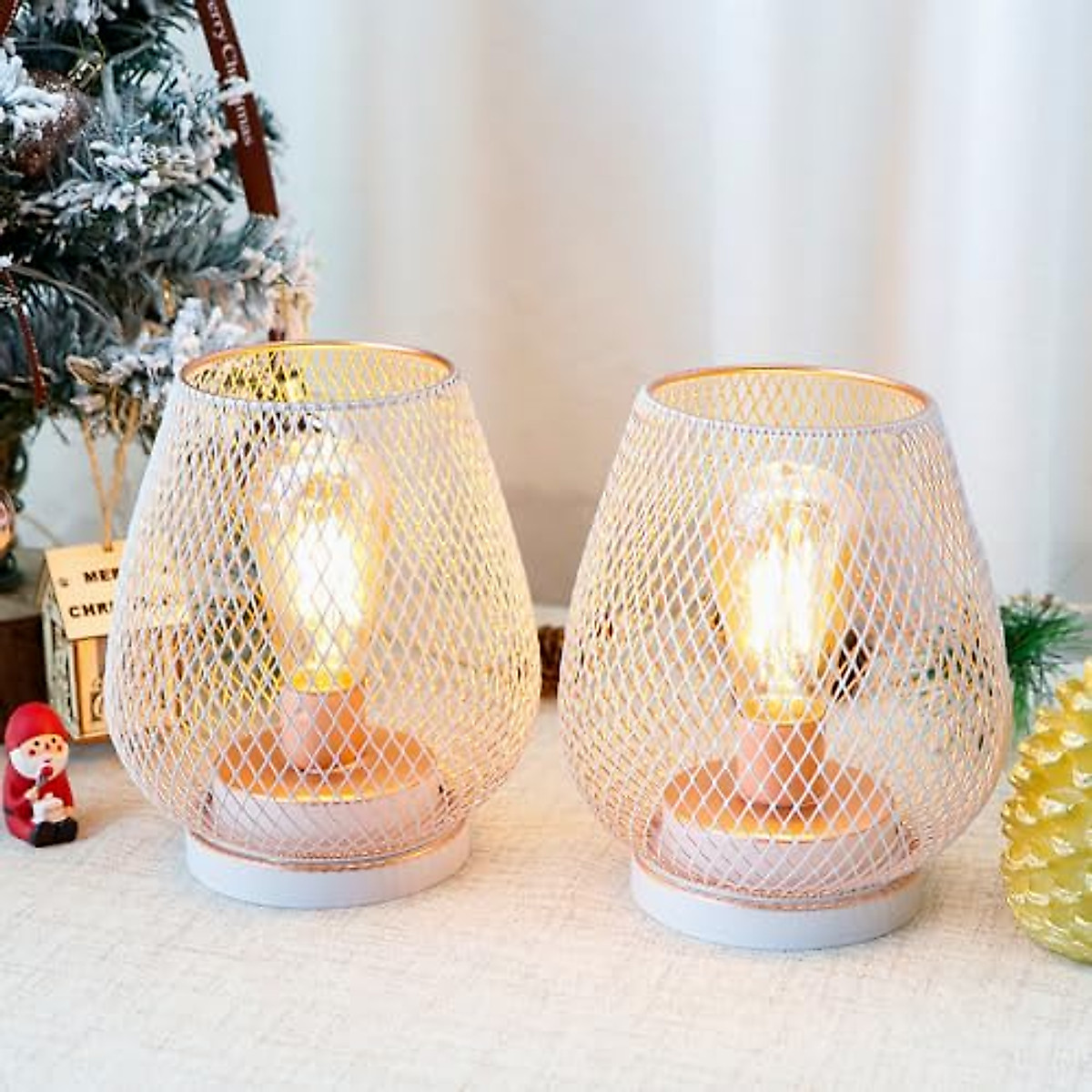 TRIROCKS Set of 2 Medium Battery Powered Outdoor Lantern 6.5'' High Metal Cage Table Lamp with LED Edison Bulb for Home Wedding Parties Patio Event Indoor Outdoor(Pink)