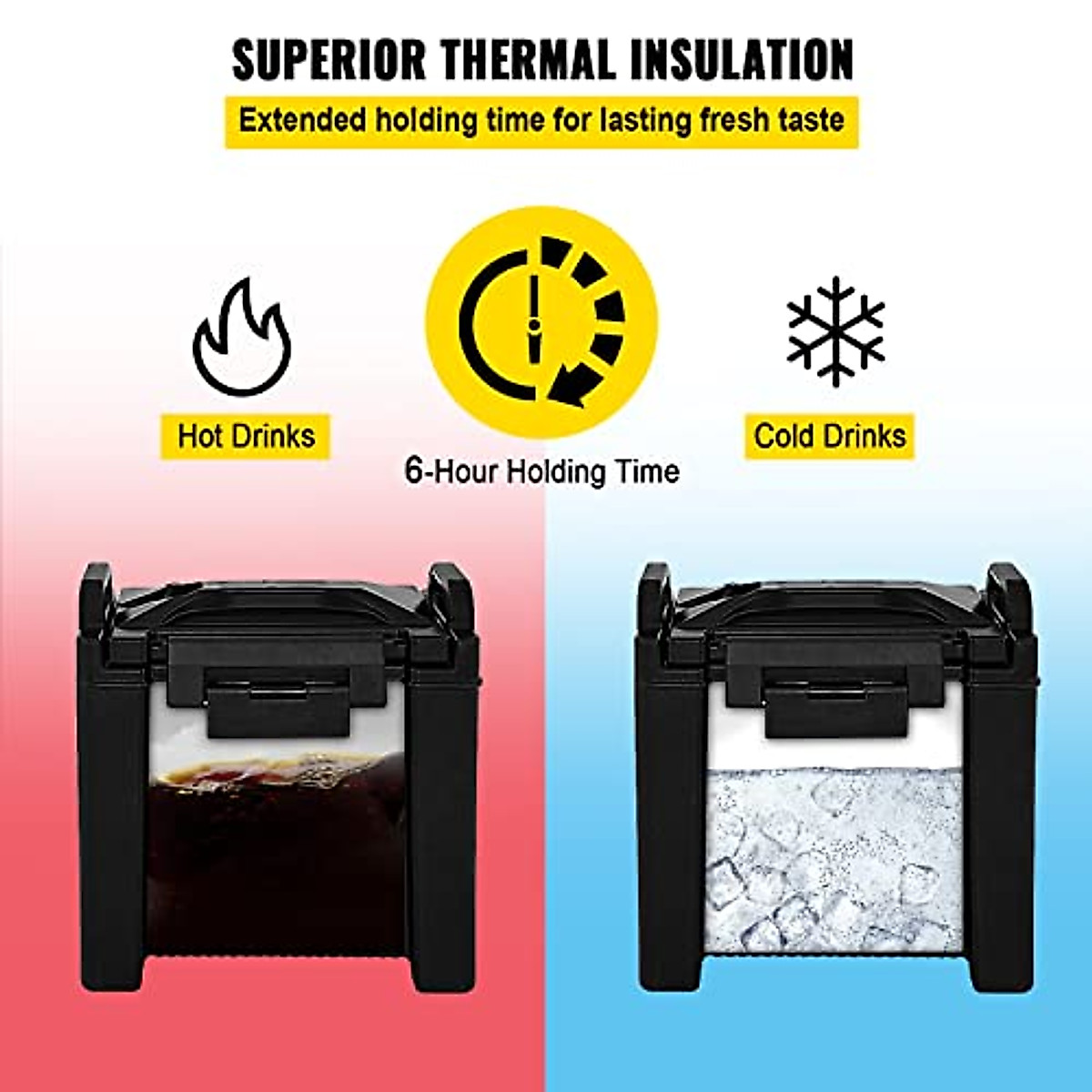 VEVOR Insulated Beverage Dispenser, 2.5 Gal, Double-Walled Beverage Server w/PU Insulation Layer, Hot and Cold Drink Dispenser w/ 2-Stage Faucet Handles Nylon Latches Vent Cap, NSF Approved, Black