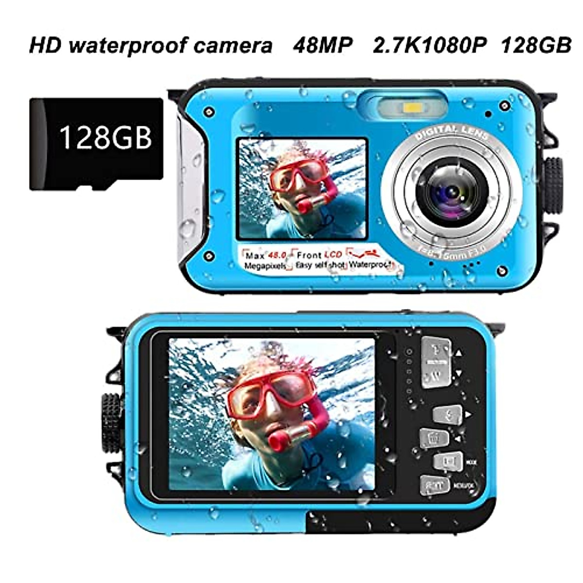 2.7K Underwater Digital Camera, 48MP Image 10FT Waterproof Video Camera, Dual Screens Digital Camera 16X Digital Zoom, Support up to 128G Micro Card(Blue)