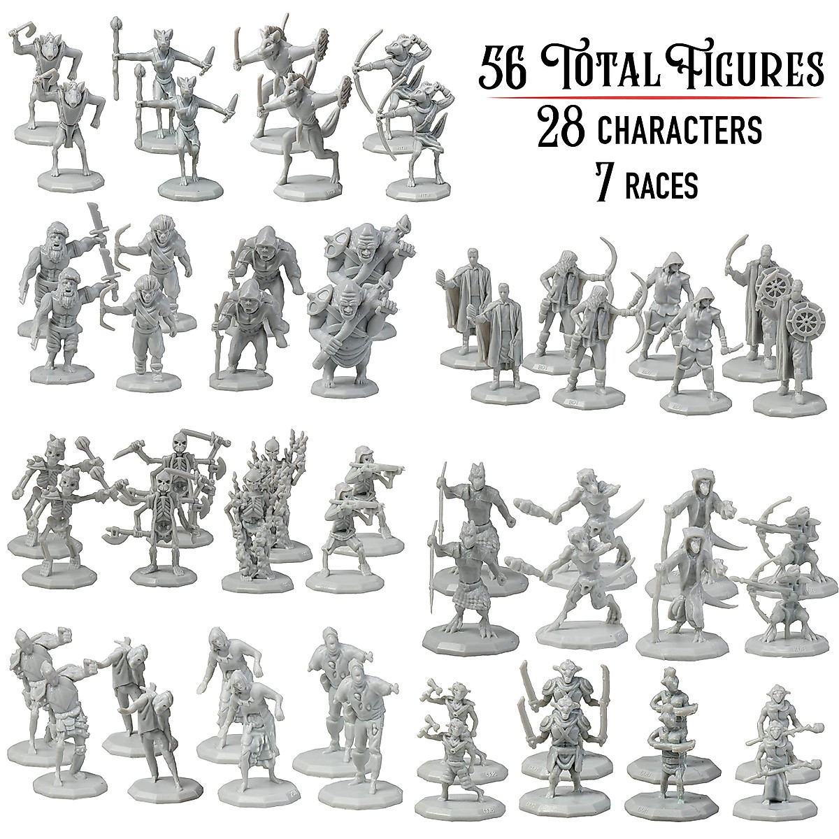 Monster Protectors 56 Unpainted Fantasy Mini Figures- All Unique Designs- 1" Hex-Sized Compatible with DND Dungeons and Dragons, Pathfinder and RPG Tabletop Games- Features Goblins, Gnolls, Skeletons