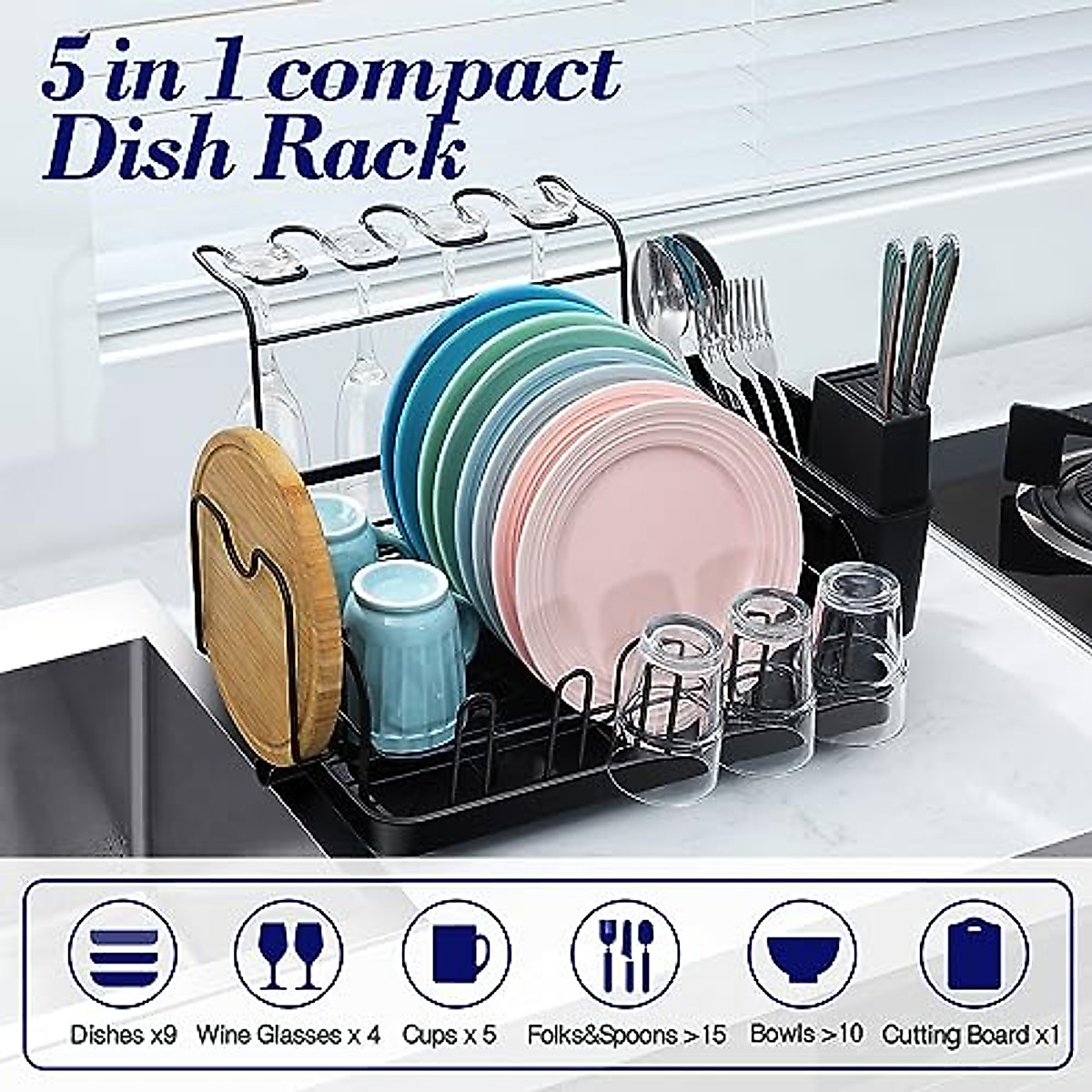 TOOLF Dish Drying Rack - Multifunctional Dish Rack for Kitchen Counter - Compact Dish Drainer with Cutlery & Cup Holders,Black