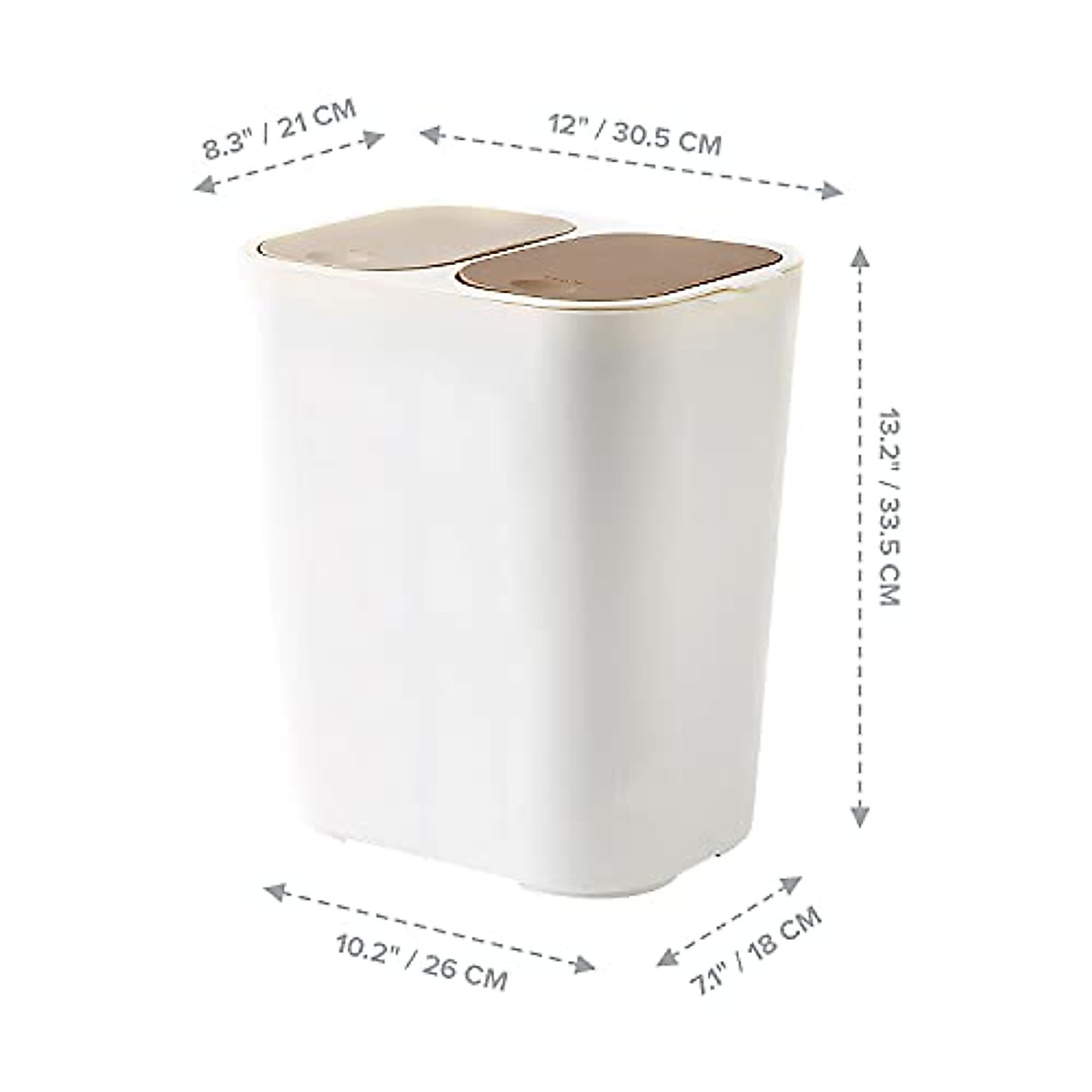 Dual Compartment Trash Can - Nordic Style Trash and Recycling Combo - Double Trash Can with Separate Pop Up Trash Bin Lids - Slim Garbage Can - Kitchen Recycle Bin - 10.2x7.1x13.2in White Trash Can
