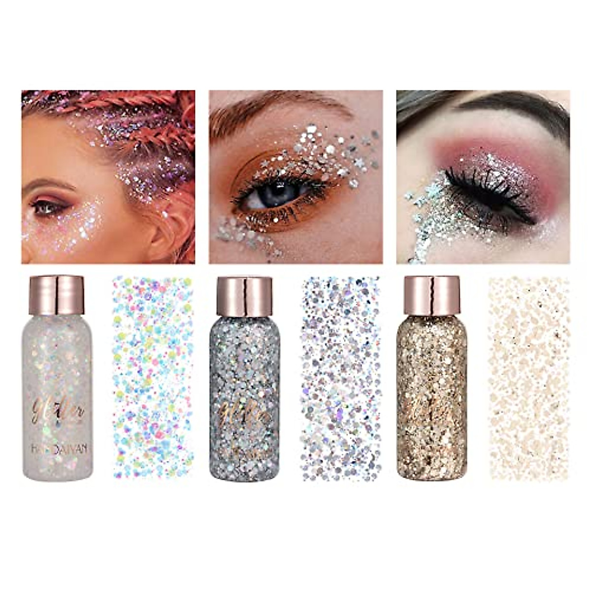 3 Pack HANDAIYAN Holographic Body Glitter Gel Nail Hair Body Face Eye Shadow Mermaid Sequins Chunky Glitter Festival Glitter Makeup for Body, Face, Hair Makeup (Set A)