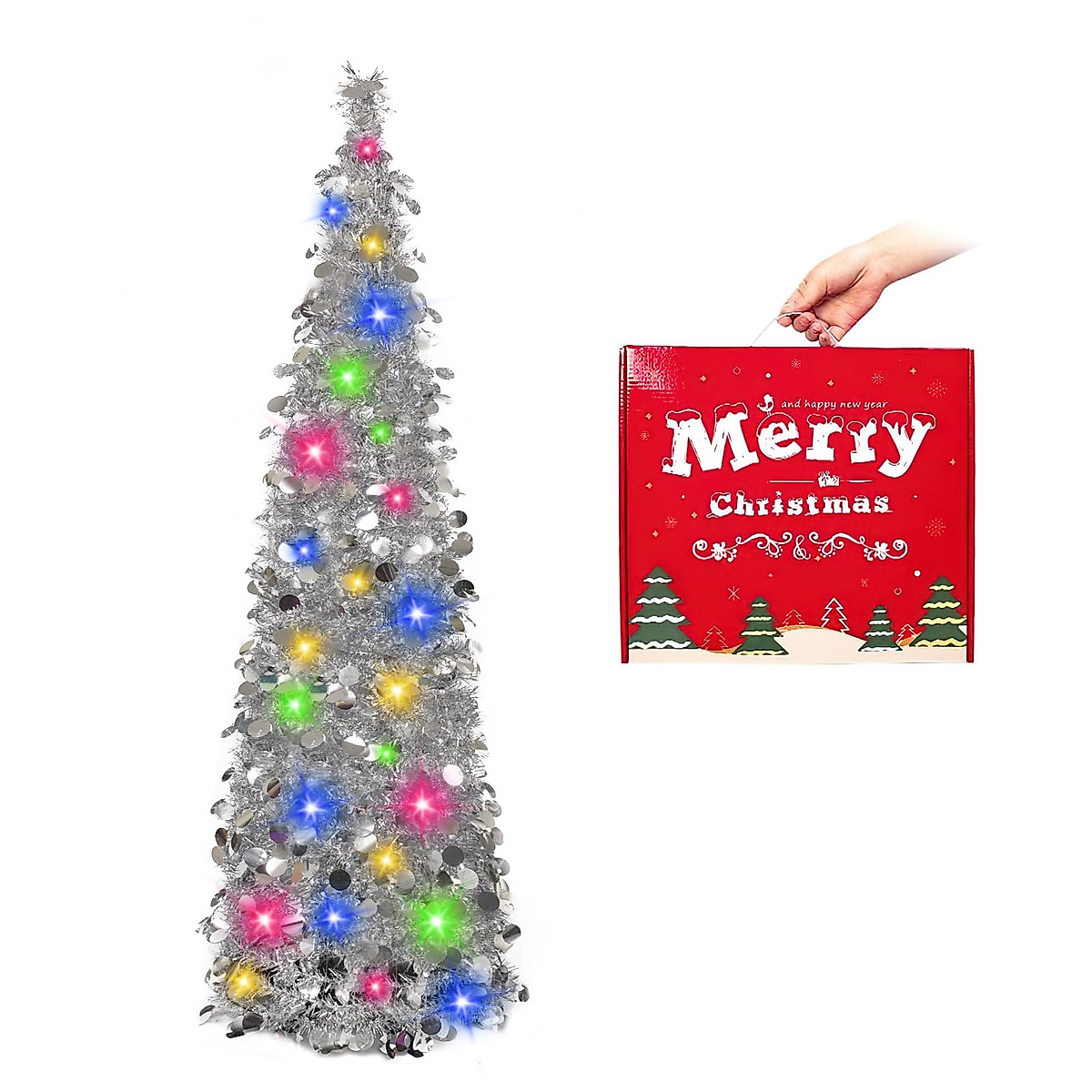 MACTING Christmas Pop up Tree with 50 LED Lights 5FT Silver Collapsible Easy-Assembly Coastal Glitter Tinsel Pencil Tree for Porch Apartment Corner Home Holiday Party Christmas Decorations