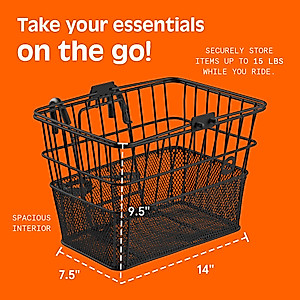 Retrospec Apollo Detachable Front Bike Basket Steel Half-Mesh with Integrated Detachable Hooks and Built-in Handle, Easy Assembly and Portability for Bicycles