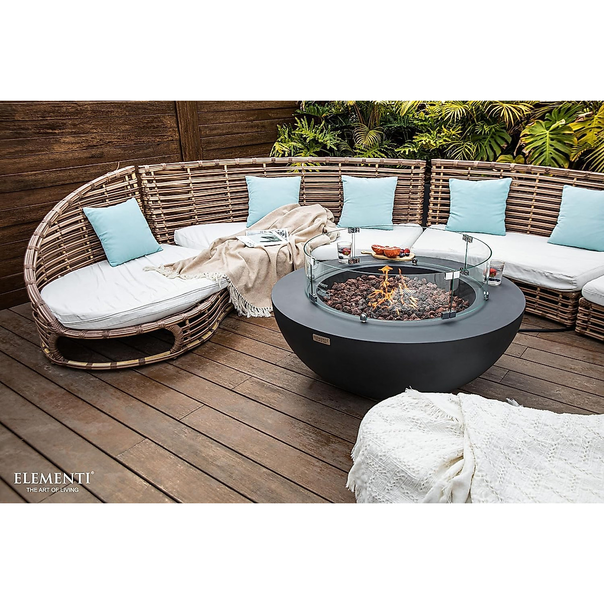AMS Fireplace Elementi Lunar Bowl Cast Concrete Fire Table Bundle, Outdoor Fire Pit Fire TablePatio Furniture, Dark Gray (Natural Gas)