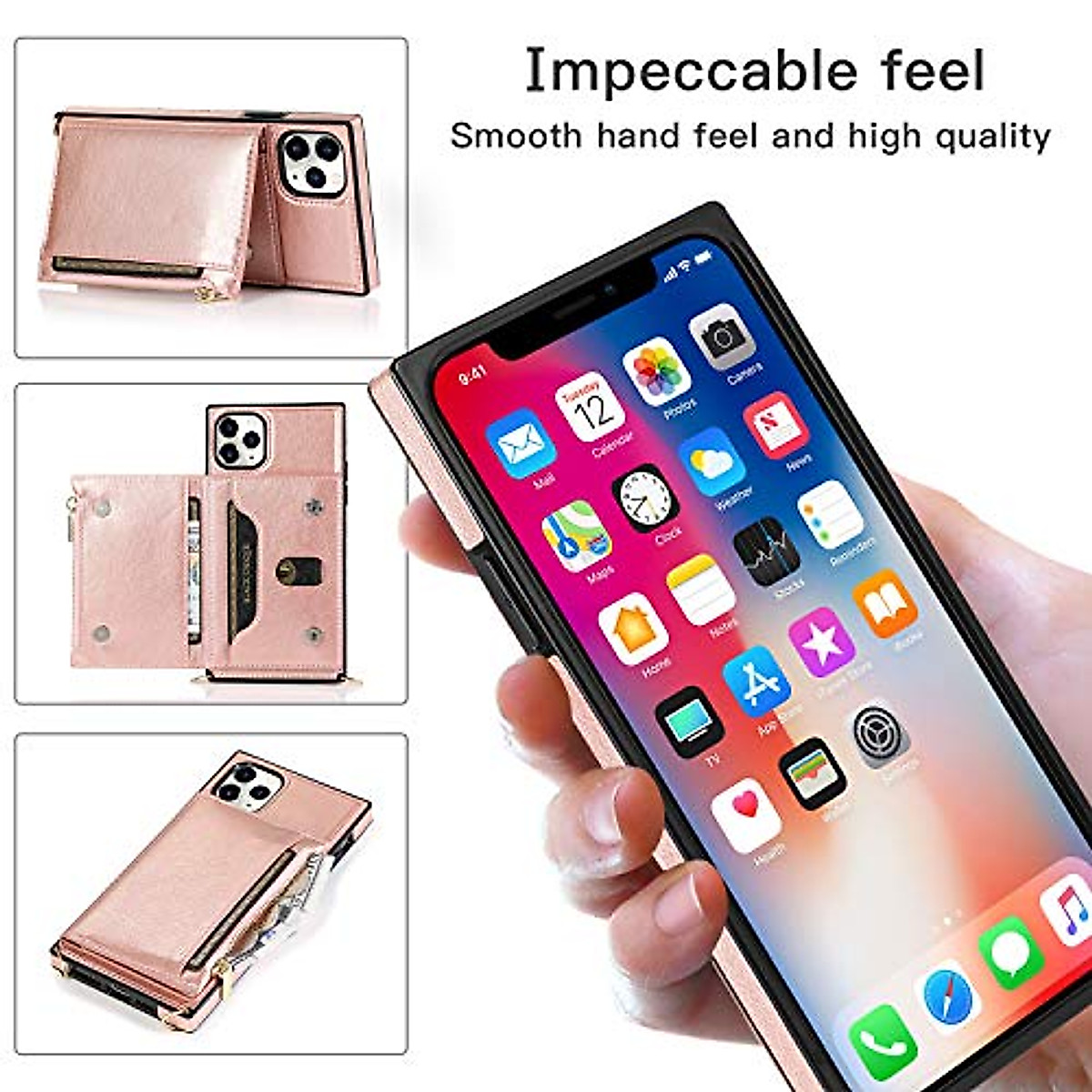 LUVI Compatible with iPhone 12 Pro Max Wallet Case with Crossbody Neck Strap Lanyard Purse Handbag Shoulder Strap Cover with PU Leather Credit ID Card Holder Kickstand Stand Protection Case Rose Gold