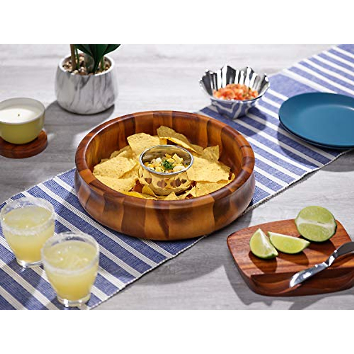 nambe - Nara Collection - Curved Chip & Dip Bowl 13" x 3.5" - Inner Mini Nambe Alloy Dip Bowl - Measures at 13" x 3.5" - Made with Nambe Alloy and Acacia Wood - Designed by Sean O'Hara