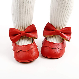 LAFEGEN Baby Girls Mary Jane Flats with Bownot Non Slip Soft Sole PU Leather Newborn Infant Toddler First Walker Cirb Dress Shoes, 6-12 Months Infant, 07 Red