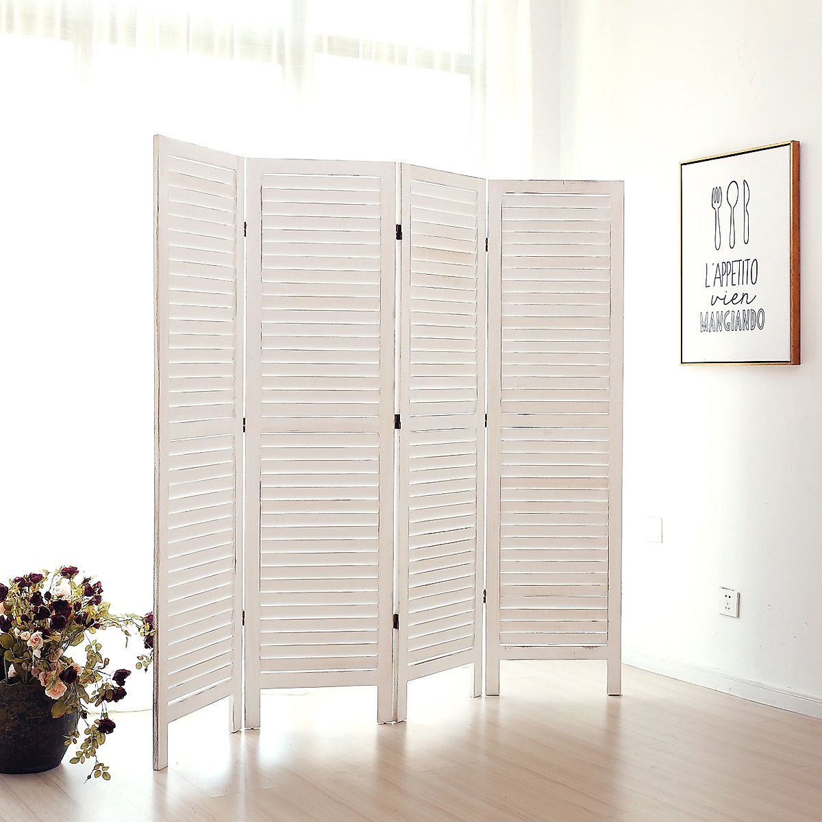 MyGift Whitewashed Wood 4 Panel Room Divider Wall Partition Screen, Folding Louvered Design
