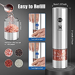 Electric Salt and Pepper Grinder Set Rechargeable, Large Capacity Automatic Pepper Mill with LED Light and Upgraded Charge Base, 304 Stainless Steel, Adjustable Coarseness,One Handed Operation 2 Pack