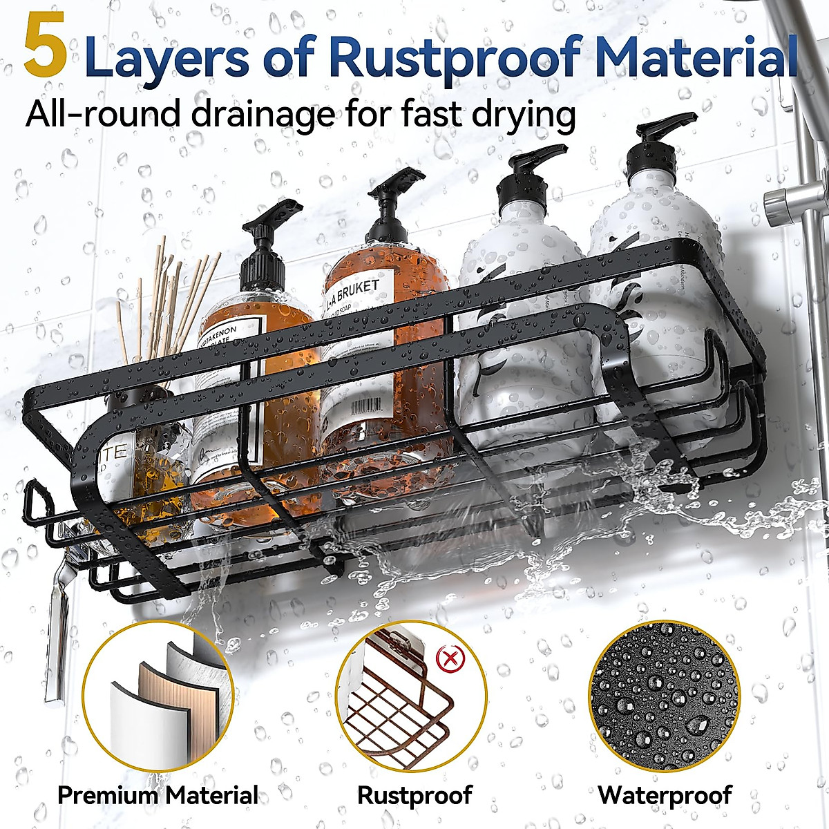 YASONIC Adhesive Shower Caddy, 5 Pack Shower Organizer with Soap Holder - No Drilling, Rustproof Shower Shelves, Shower Organizers and Storage for Inside Shower, Black