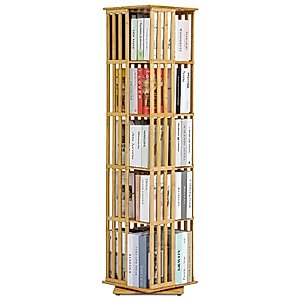 SFIHOME 5-Tier Rotating Bookshelf Tower, 360° Tall Floor Standing Bookcase Book Shelf, Bamboo Narrow Bookshelves Storage Display Rack Shelves for Corner, Living Room, Office, Natural