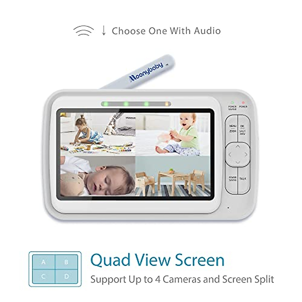 Moonybaby 5" 720p HD Quad Screen Baby Monitor with 4 Remote Pan and Tilt Cameras for 4 Rooms, QuadView 60, Noise Reduction Technology with 20 Days Long Battery Life
