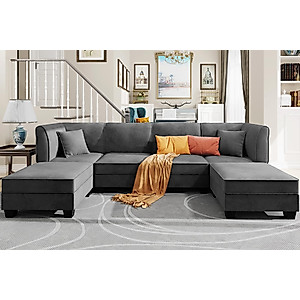 Vongrasig 6 Pieces Sectional Couch Modular Sofa with Reversible Chaise 116" Velvet U-Shaped Couch Sofa 6-seat Modular Large Sectional Couch with Ottoman for Living Room, Upholstered Cushion (Grey)