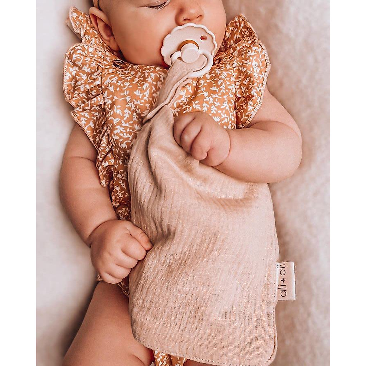 Ali+Oli Security Blanket for Baby (Pink Flowers) Pacifier Blanket Holder Made with Soft Muslin Cotton, Cuddle Blanket with Lead-Free Button Snap Closure, Pacifier Holder, Baby Blankets (15"x15")