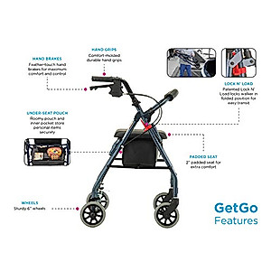 NOVA GetGo Petite Rollator Walker (Petite & Narrow Size), Rolling Walker for Height 4'10" - 5"4", Seat Height is 18.5 Inch, Ultra Lightweight - Only 13 lbs with More Narrow Frame, Color Purple