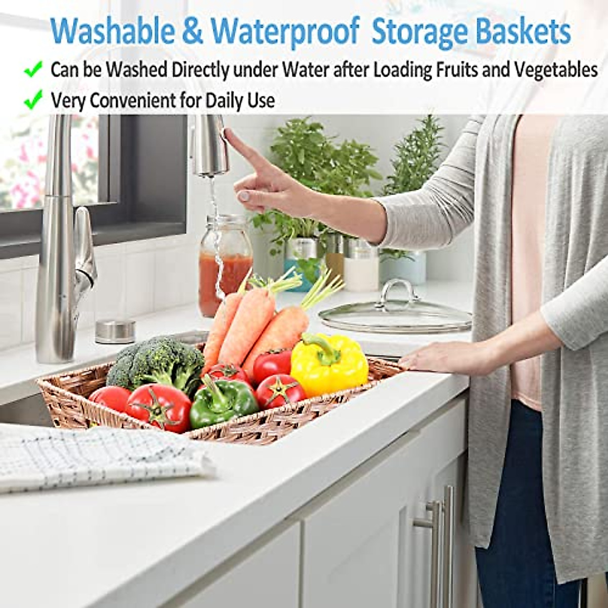 ROSOS Wicker Baskets 15", Waterproof Wicker Storage Baskets for Shelves 2 Pack, Hand-Woven Large Wicker Baskets for Storage, Washable Plastic Wicker Baskets for Organizing with Sturdy Built-in Handles