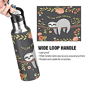 Kids Sloth Insulated Water Bottle with Straw Lid & Handle Reusable Vacuum Stainless Steel for Girls