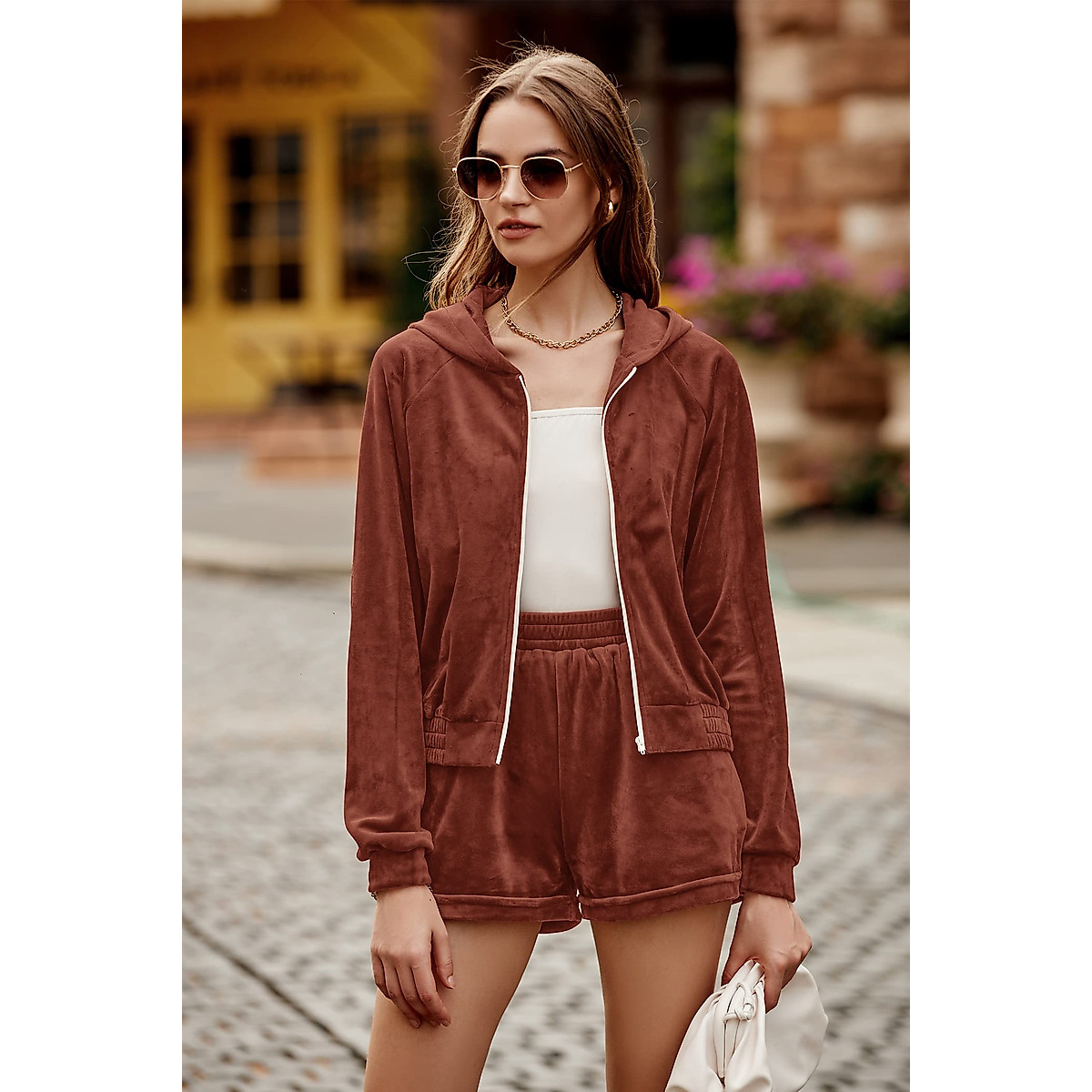 PRETTYGARDEN Women's 2 Piece Velour Tracksuit Casual Long Sleeve Zip Up Hoodie And Shorts Set Jogger Outfits (Caramel,Medium)