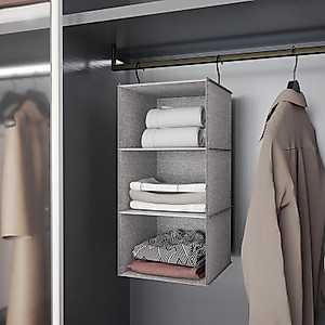 DonYeco Hanging Closet Organizer, Easy Mount Collapsible 3-Shelf Camper Closet Wardrobe Hanging Storage Shelves, Folded Clothes Towels Handbag Shoes Accessories Storage, Linen Cloth, Gray