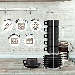 Houseables Espresso Cups and Saucers with Spoons, Black, Stackable Demitasse with Metal Stand, 19 Pieces, 2.5 Ounce, Porcelain, Tea Kit, Teacups, Turkish Coffee Mug, Organizer Rack