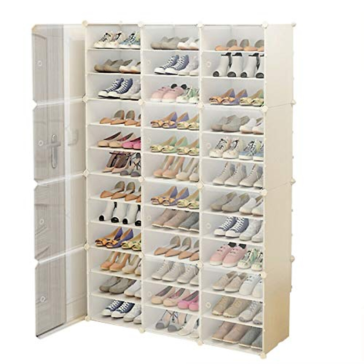 Portable Shoe Storage Organzier Tower, Dust-proof Shoe Rack Shelf Plastic Shoe Storage Cabinet with Doors, Foldable Shoe Storage Rack for Sneaker Collection Heels, Boots, Slippers (3 x 12-tier)