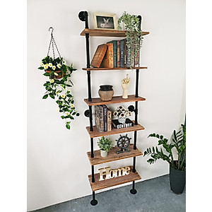 Anynice Industrial Ladder Pipe Shelves, Wall Mounted Rustic Bookshelf, Retro Metal Wood Bookcases (Weathered Brown, 6 Tier - 10" D x 24" W x 82.5" H)