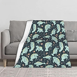 Plush Fluffy Throw Blanket Cute Manatee Sea Animals Starfish Bed Blanket for Boys Girls Teens Smooth Soft Flannel Blanket for Sofa Chair Office Travel Camping Outdoor Home Decor 50"x60"