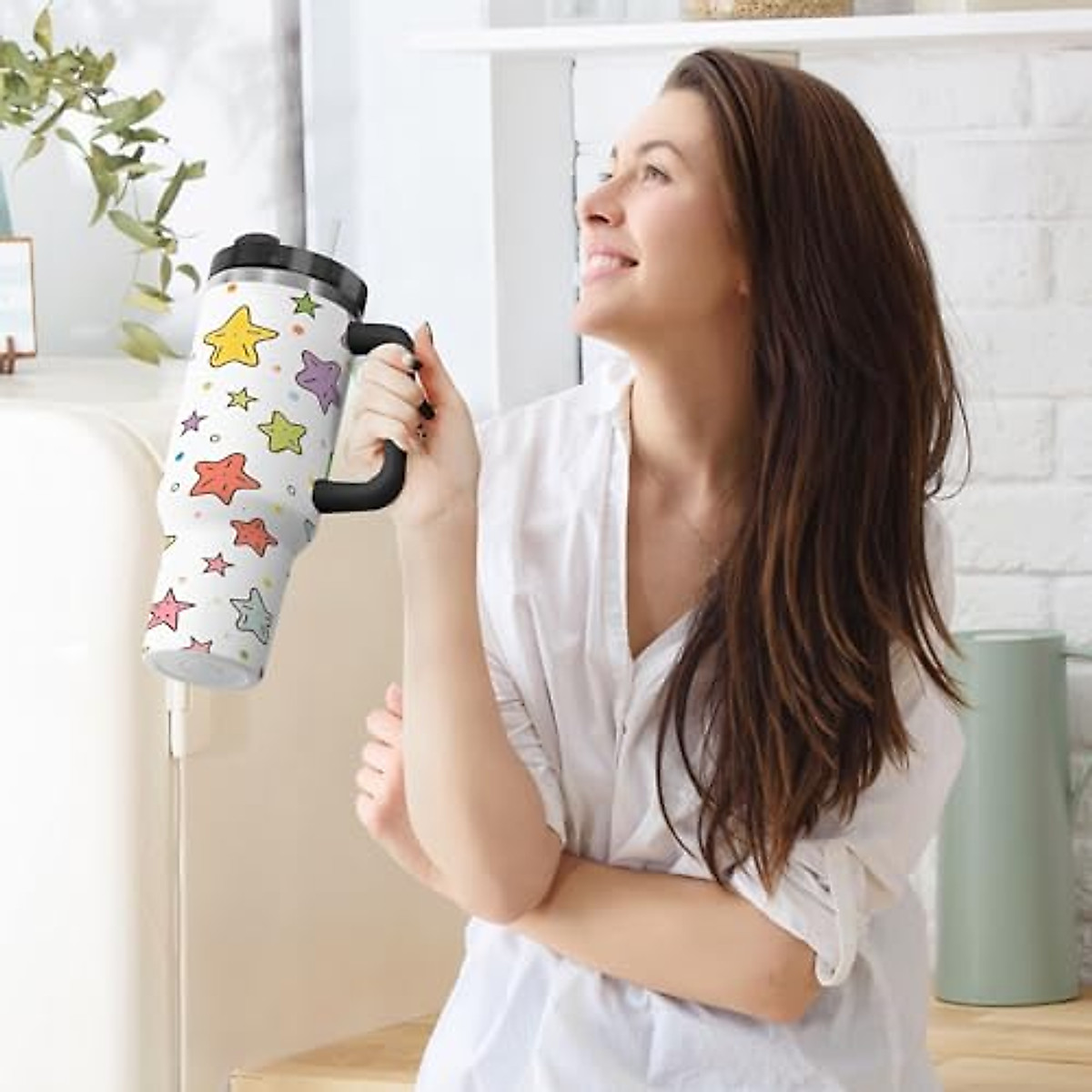 FRCSDIY Cartoon Stars Insulated Tumbler with Handle and Straw Lid,40oz Leakproof Stainless Steel Cup BPA-Free Water Bottle