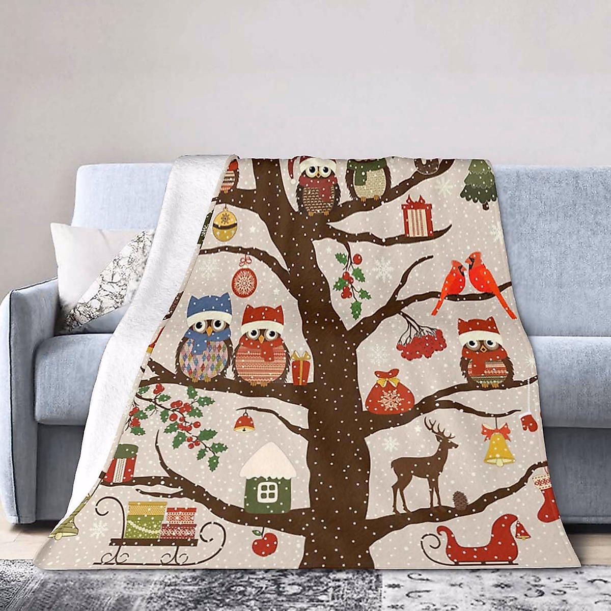 Throw Blanket 30x40 Inch,Christmas Bird Winter Tree Flannel Soft Cozy Fluffy Throw Blankets and Warm Throws for Adults in Couch Sofa Bed 40x30 Inch