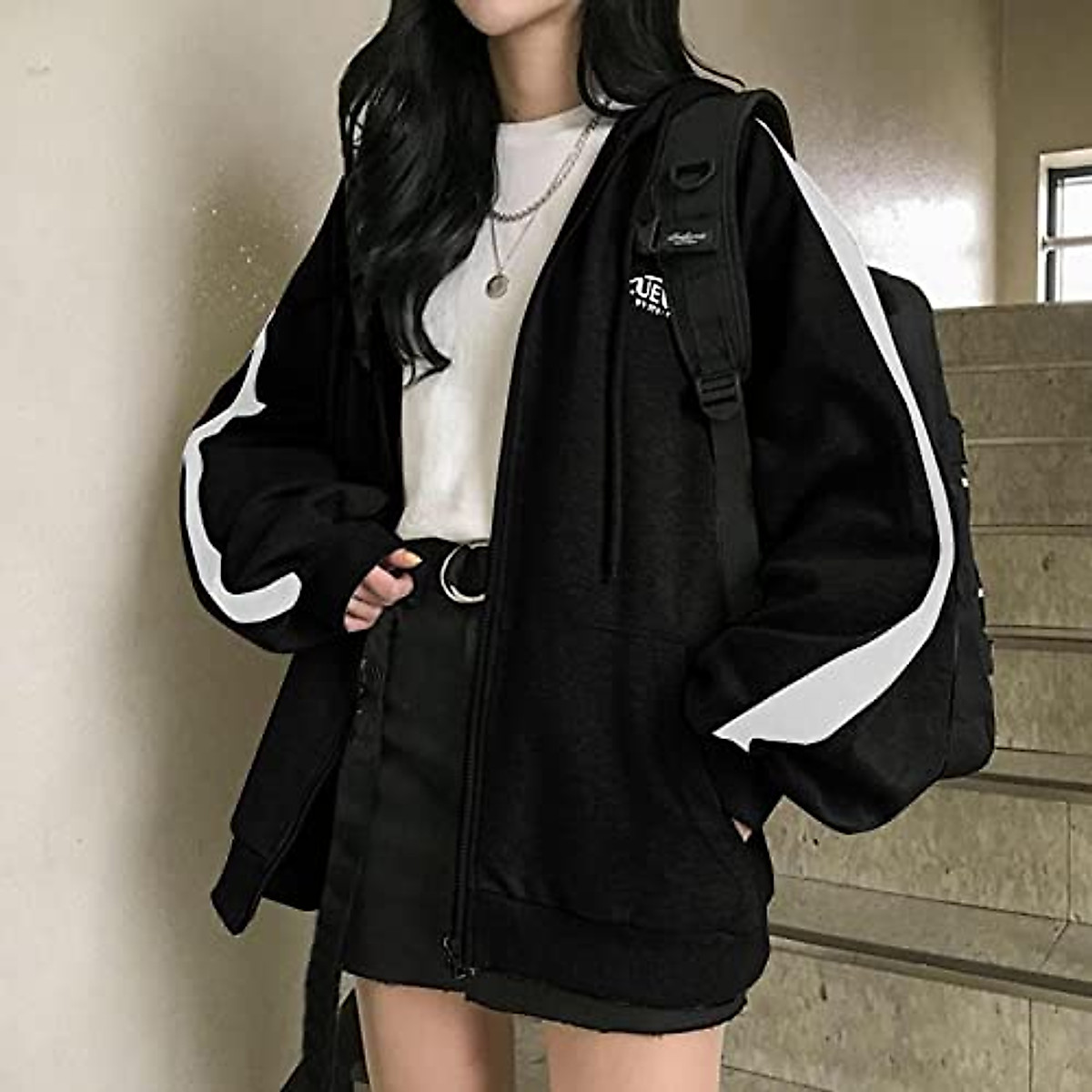 YOMXL Women's Y2K Vintage Graphic Zip Up Hoodie Oversized Casual Drawstring Hoodie E-Girl 90s Streetwear Jacket Tracksuit Black