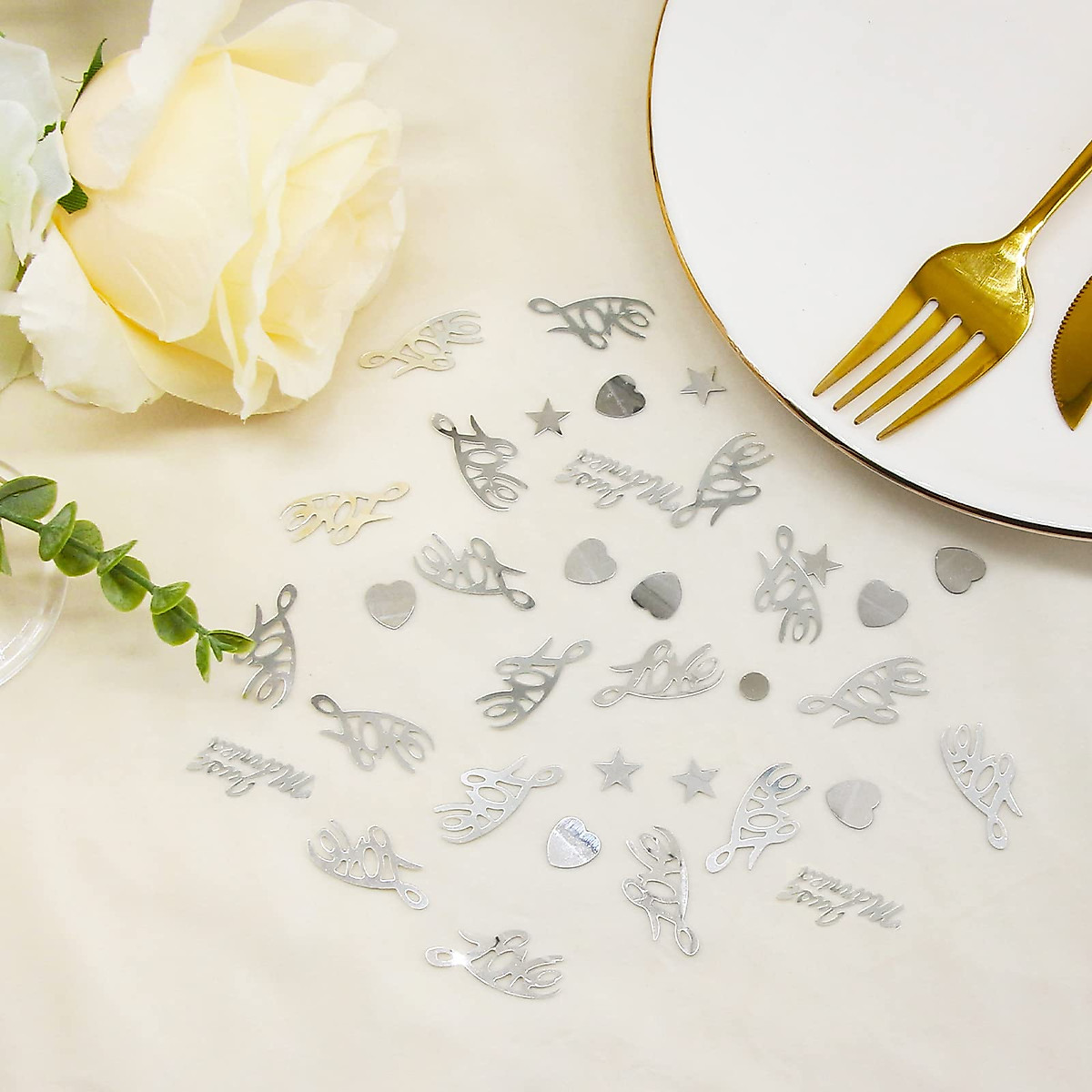 WenmthG 2.11 oz/ 60 g Silver Love Just Married Confetti, 800Pcs Wedding Table Confetti Decoration, Engagement Party Decorations, Glitter Confetti for Bridal Shower Wedding Bachelorette Party Couples
