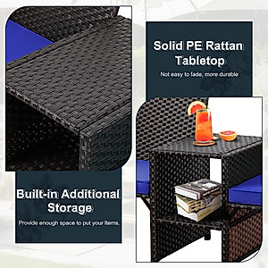 SUNLEI Outdoor Rattan Loveseat, Wicker 2-Seat Patio Conversation Furniture Set with Built-in Table & Removable Cushions for Balcony, Lawn, Backyard (Black Rattan/Royal Blue)