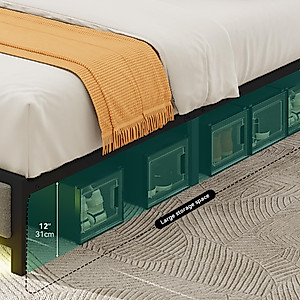 YITAHOME Queen Size Bed Frame, LED Bed Frame with Shelf Storage & Upholstered Headboard, Heavy Duty Metal Slats Platform Bed Frame with Charging Station, No Box Spring Needed, Gray