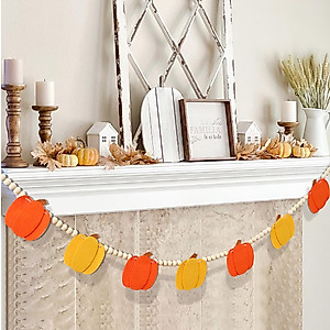 Fall Decor-Fall Decorations for Home-Felt Pumpkins Wood Bead Garland for Fall Decor- Halloween Thanksgiving Farmhouse Felt Pumpkins Banner for Fireplace Mantel Walls