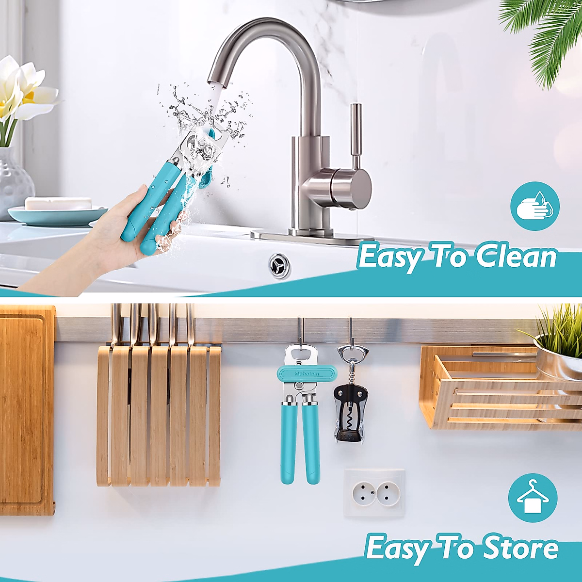 Mebotem 10 Colors Can Opener Manual Handheld Heavy Duty Hand Can Opener Smooth Edge Stainless Steel Can Openers Top Lid Kitchen Gadgets, Best Large Rated Easy Turn Knob, with Bottle Opener, Aqua Sky