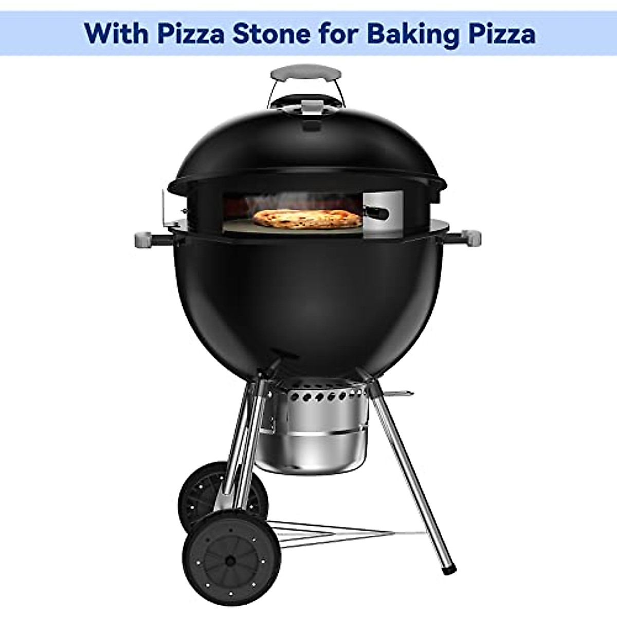 Skyflame 2 in 1 Black Coated Steel Rotisserie Kit with Pizza Ring Compatible with 22 1/2" Weber Kettle Grills - Including Roticery Motor, Spit Rod, Pizza Stone, Pizza Ring