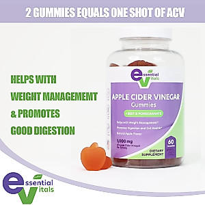 Essential Vitals - Apple Cider Vinegar Gummy Vitamins - 60 Count - (Vegan, Gluten-Free, Non-GMO, Vitamin B6, B12, Beetroot, Pomegranate)