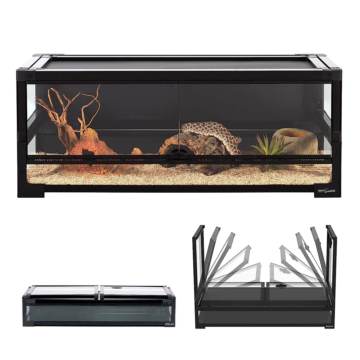 REPTI ZOO Collapsible 20 Gallon Reptile Tank, Tempered Glass Reptile Terrarium 30"x12"x12", Black PVC Back, Front & Top Ventilation & Anti Escape Lid, Easy Folding