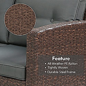 SUNVIVI OUTDOOR Outdoor Patio Loveseat, 2 Piece Brown Wicker Rattan Outdoor Furniture Couch Sofa with Non-Slip Grey Cushions,Outdoor Loveseat Sofa Chair Furniture