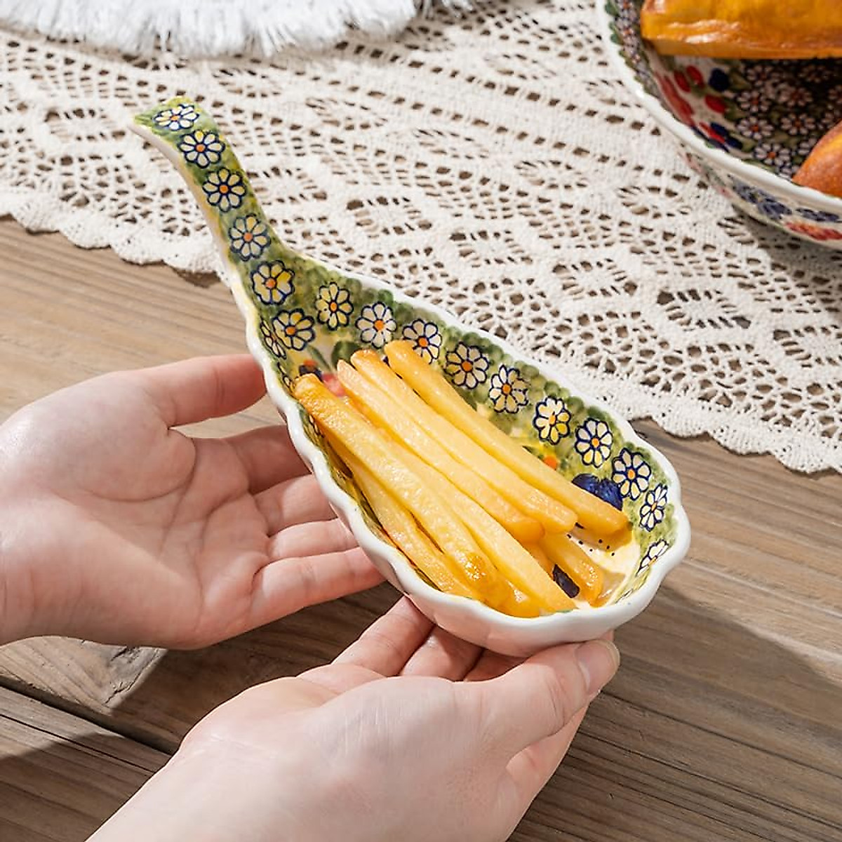 ALMA Hand Painted Blue Spoon Rest For Stove Top in Polish Pottery Style,Handmade Durable Spoon/Ladle Holder, Elegant Side dishes,Dip Bowls For Kitchen Counter, Microwave Oven safe up to 480 F