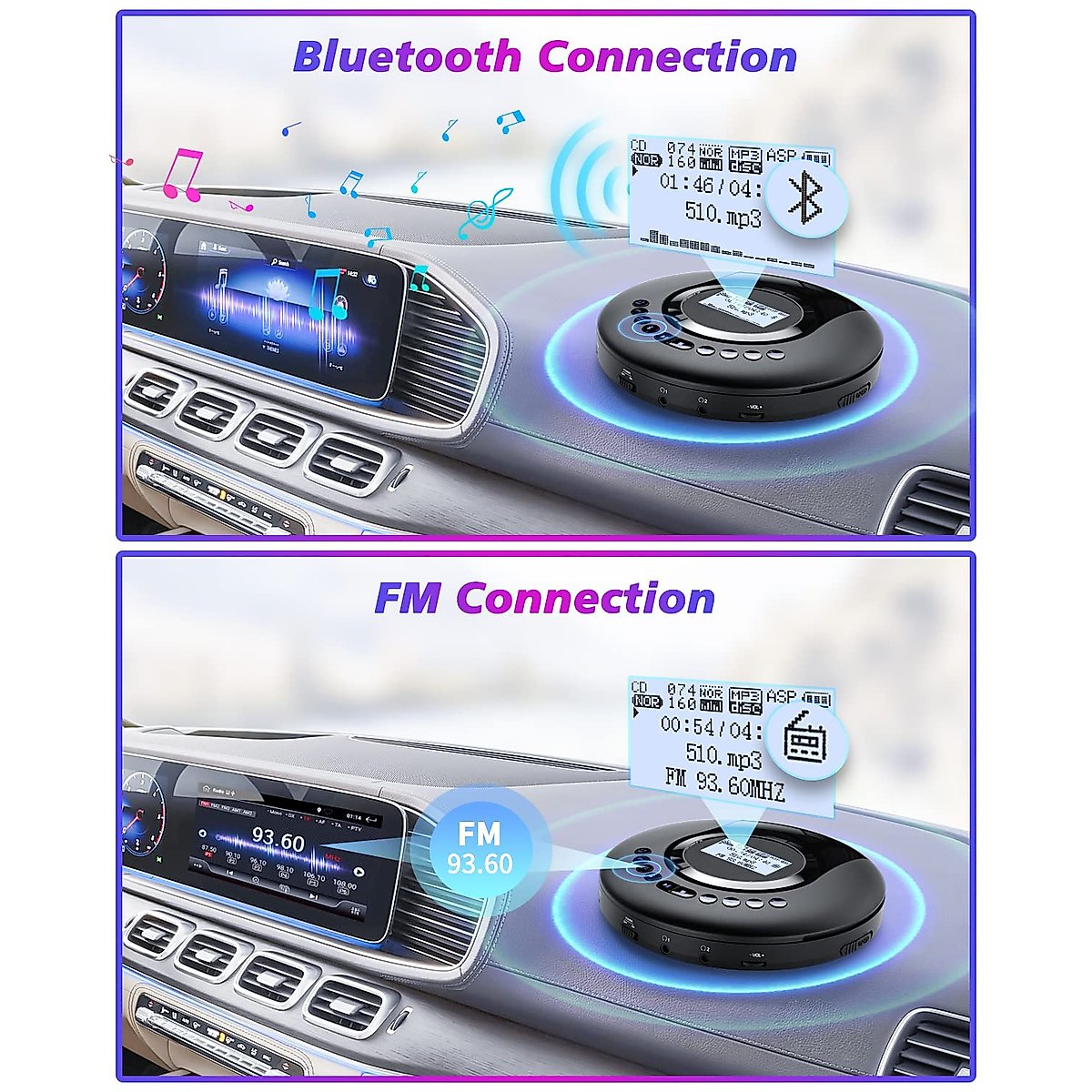 CD Player Portable ARAFUNA, Portable CD Player Bluetooth with FM Radio, 2000mAh Rechargeable CD Player for Car with LCD Screen, Anti Shock Protection Walkman CD Player with Headphone, AUX Cable