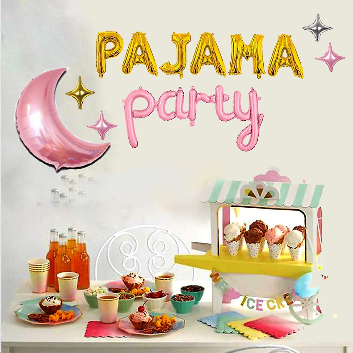 PAJAMA PARTY Decorations,PAJAMA Party Balloons for Girls PJ Mask Themed Banner for Pajama Slumber Sleepover SPA Spahhh Birthday Bday Bridal Hen Adult Party Supplies 14PCS of Qinsly (Gold, PAJAMA)