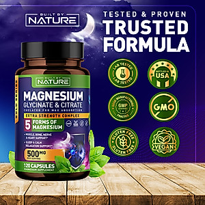 Magnesium Complex 500mg - 5 Forms of Magnesium Glycinate, Citrate, Malate, Oxide & Aquamin with 72 Trace Minerals - Chelated for Absorption - Supplement for Muscle, Nerve, Heart & Sleep (120 Capsules)