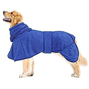 Dog Drying Coat Dressing Gown Towel Robe with Hood and Dual Hand Pocket pet Microfibre Super Absorbent fit for Bulldog Cocker Spaniels Schnauzer Small Medium Breeds - Blue - M