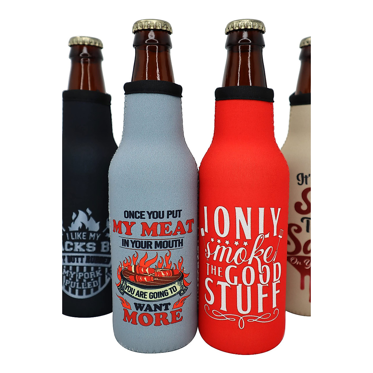BBQ Smoker Bottle Coolies - Barbecue Meat Smoking Gift for Dad,Useful Gifts for Men Who Have Everything,Bottle Cooler Insulator Sleeve w Zipper,Built-In Removable Opener,Insulated 12 oz. Bottle Coolie