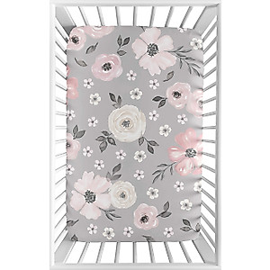 Sweet Jojo Designs Grey Watercolor Floral Girl Fitted Mini Crib Sheet Baby Nursery for Portable Crib or Pack and Play - Blush Pink Gray and White Shabby Chic Rose Flower Farmhouse