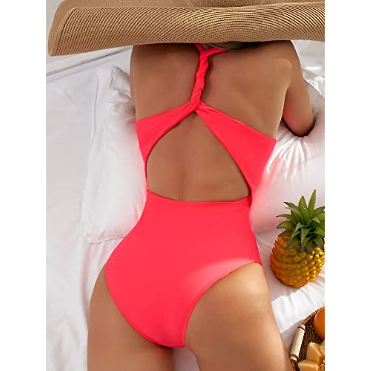 MakeMeChic Women's One Piece Bathing Suit Twist Cut Out One Piece Swimsuit A Watermelon Pink S