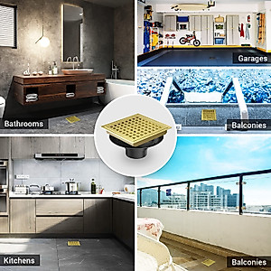 Bmvlffs Square Shower Floor Drain 6 Inch Brushed Gold, SUS 304 Stainless Steel with Flange, Removable Cover Quadrato Patten Grate, Includes Hair Strainer